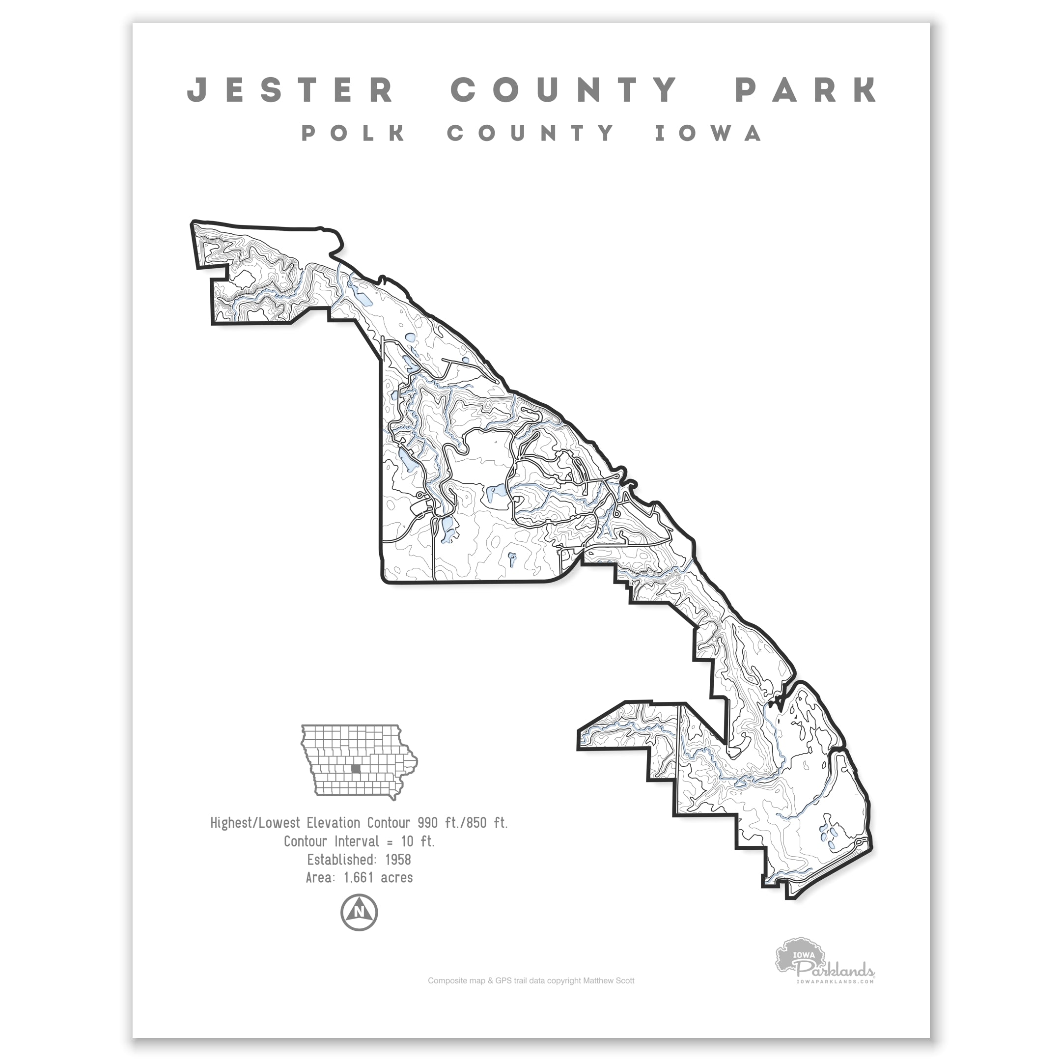 Jester County Park Black and White Contour Map Poster – Iowa Parklands